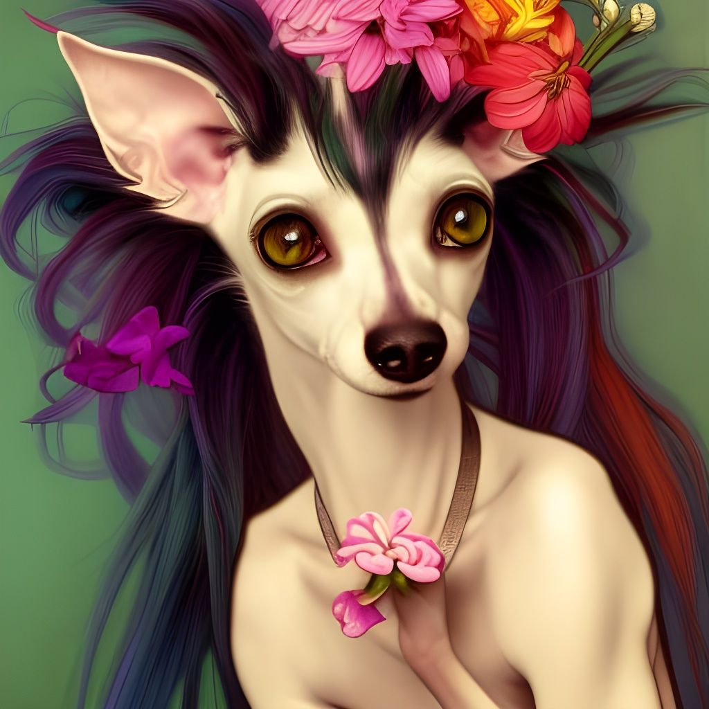 Furry Hybrid Dog Portrait with Flowers, Detailed D... - AI Art