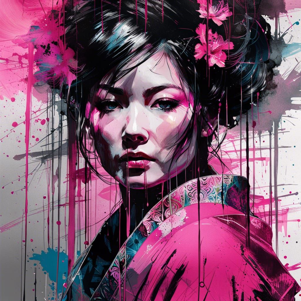Detailed Ink splash shiny monochrome pink geisha callgirl: Alex maleev ...