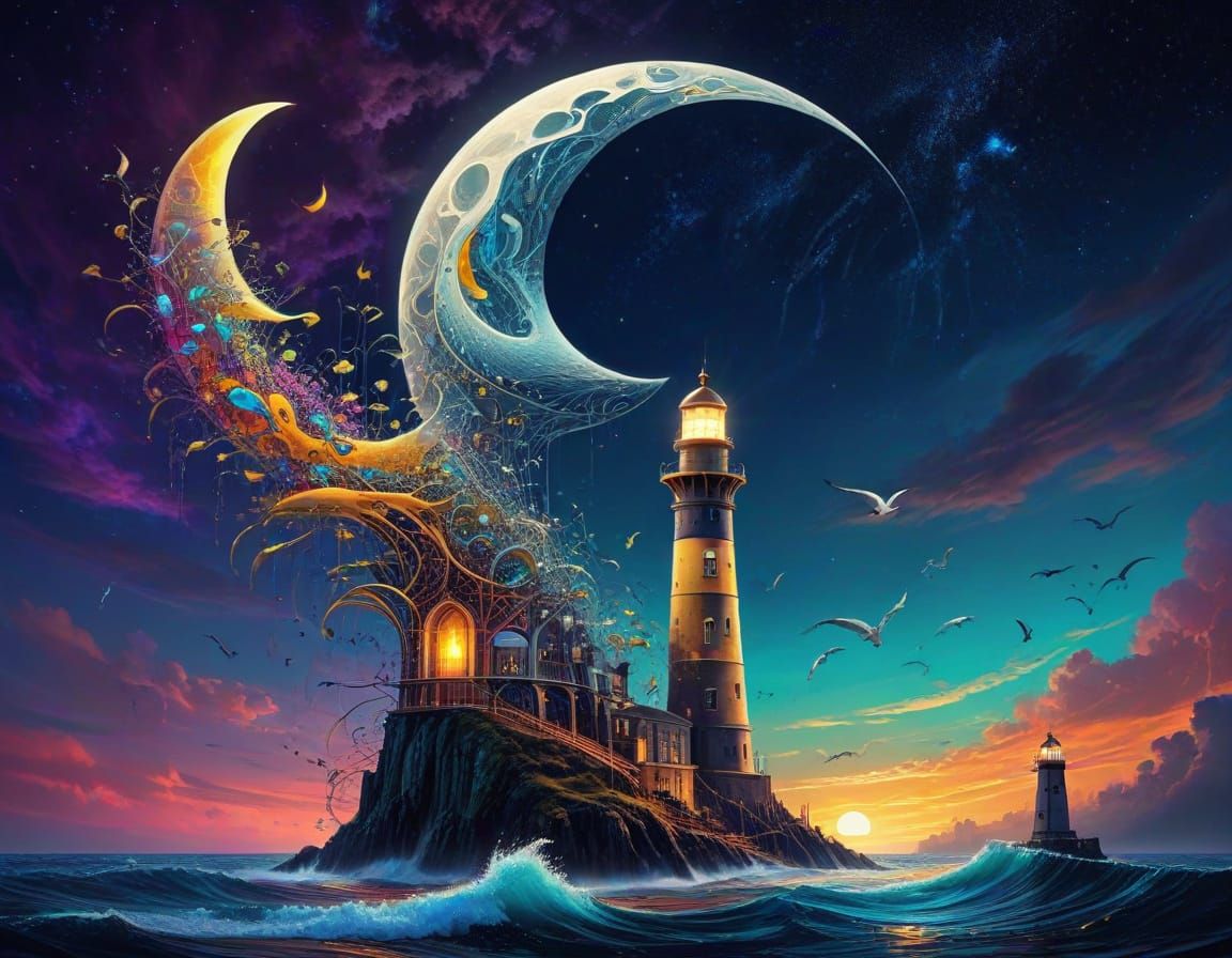 Surreal Steampunk Crescent Moon in Whimsical Synth... - AI Art