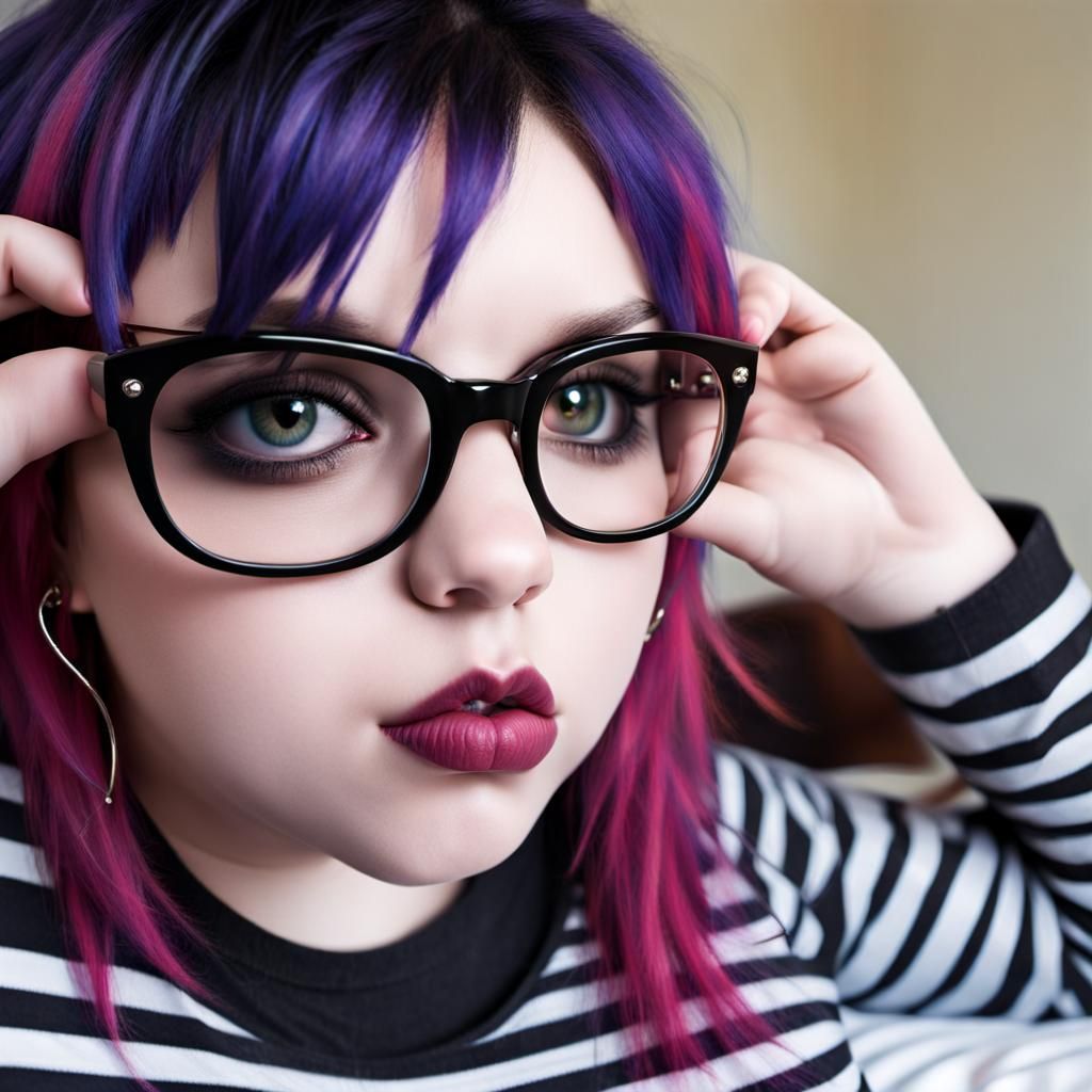 chunky emo chick glasses laying on bed lip ring - AI Generated Artwork ...