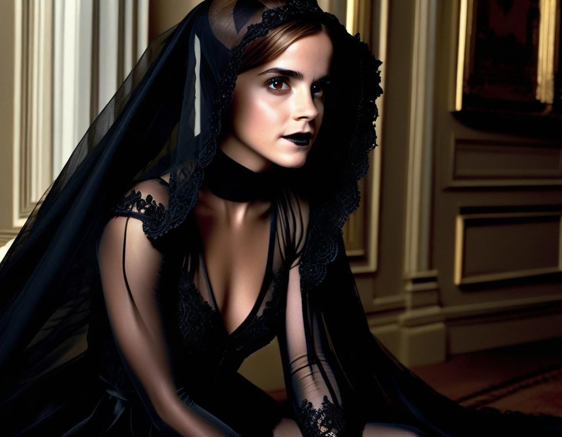 Emma Watson, extremely transparent sheer black bodystocking, show full body, intricate details ...
