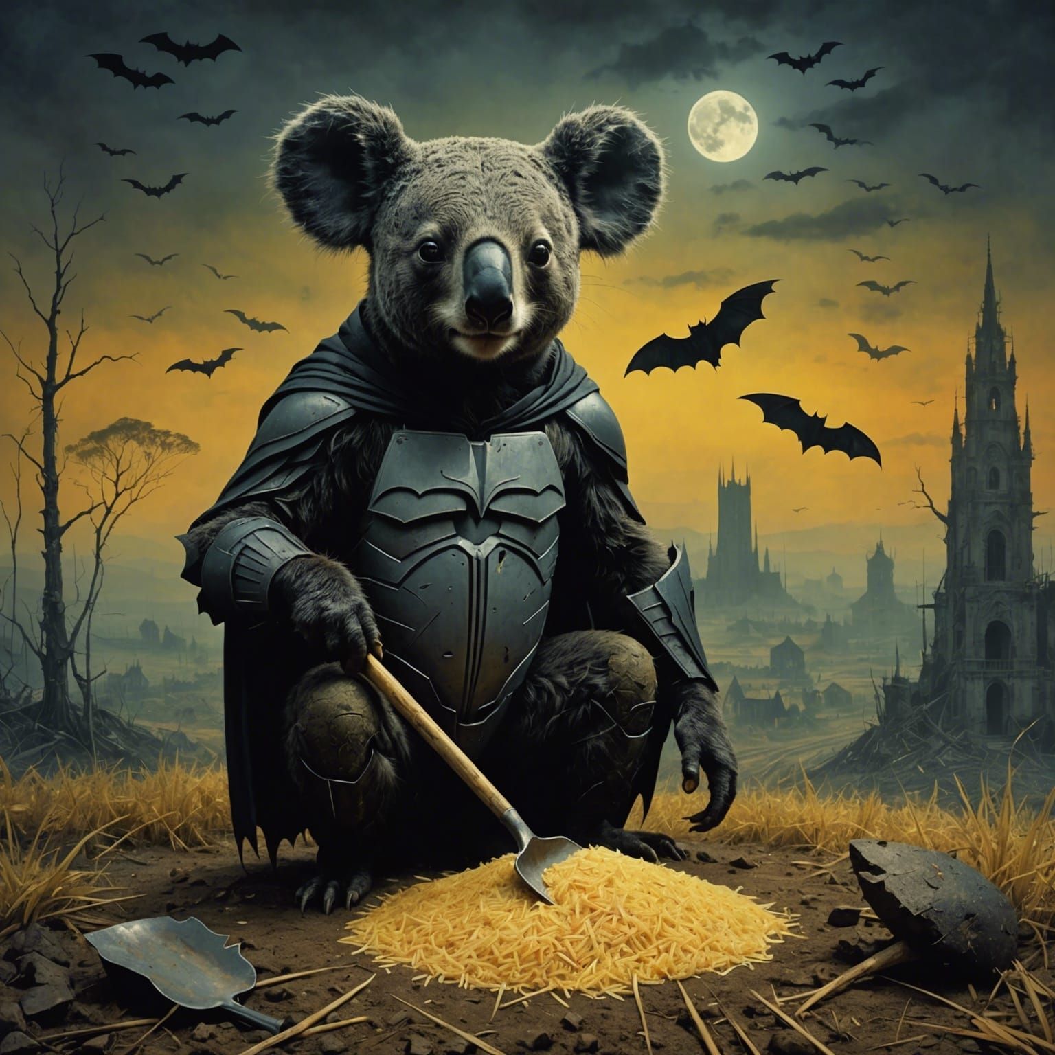 Sauron + Batman + Koala hybrid mutant eats rice with shovel in the ...