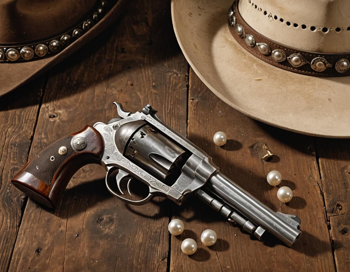 Pearl handled revolver, lying on a saloon table next to a cowboy hat ...