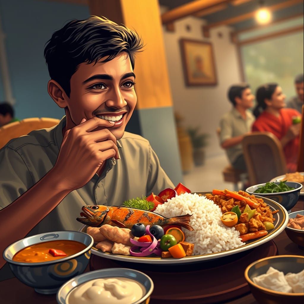 Young Man Savoring Bangladeshi Feast in Cozy Dinin... - AI Art