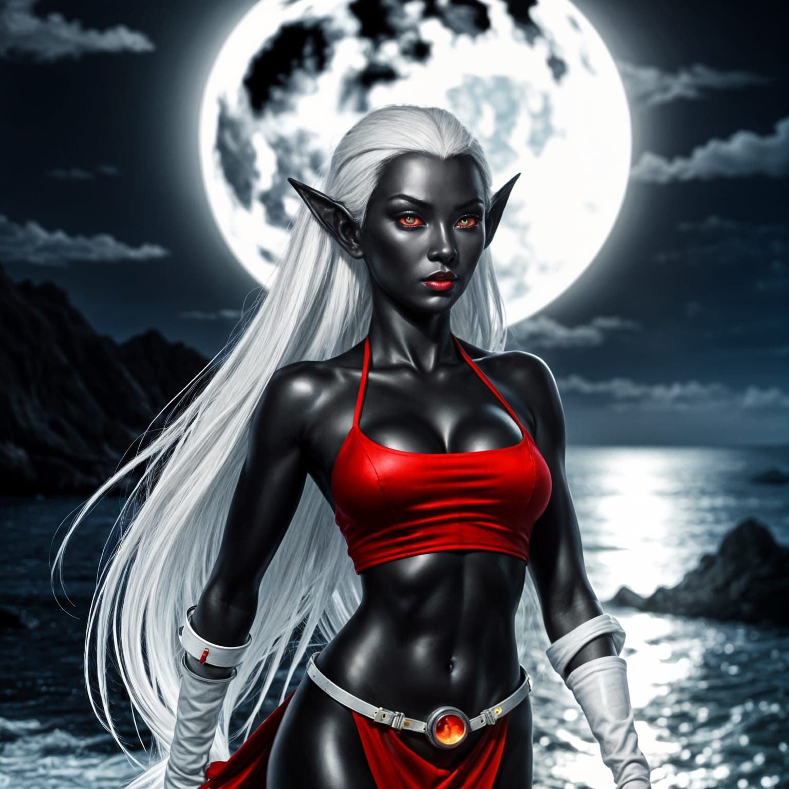 Beautiful Drow Woman - Dark Elf Goddess in Moonlit Ocean