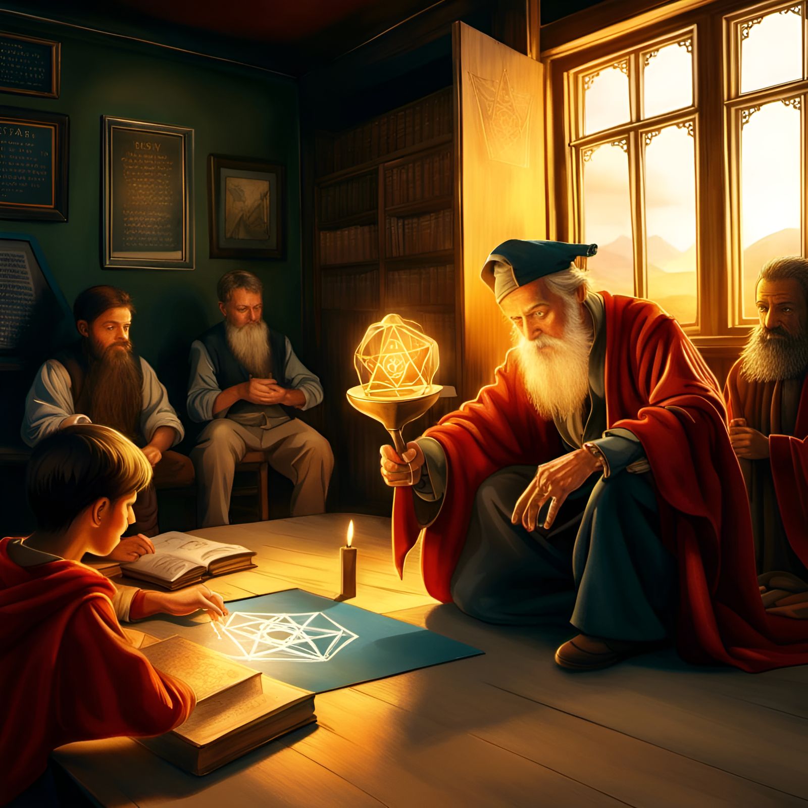 Very old crooked wizard with a long silver beard draws magic hexagrams ...