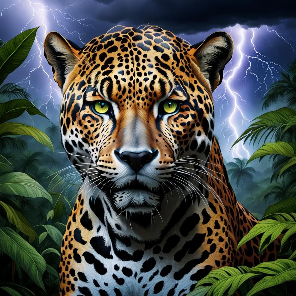 A detailed portrait of a jaguar in the rainforest a lightning storm is ...