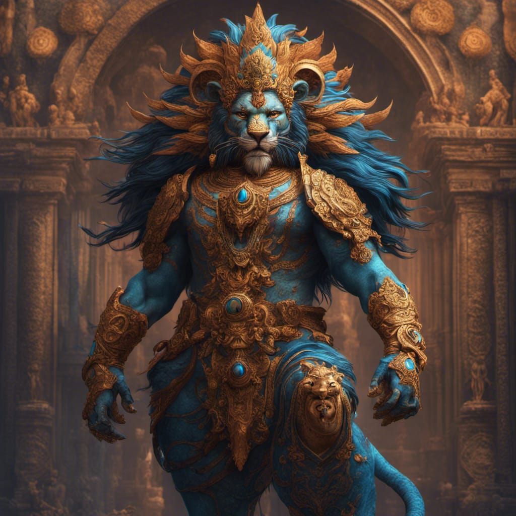 lion faced vishnu avatar, human skin, full body, detailed matte ...