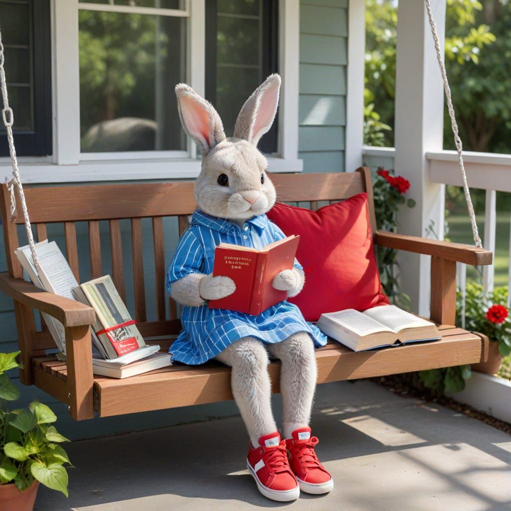 Bunny Book Reader - Cute Bunny Reads on Porch Swing