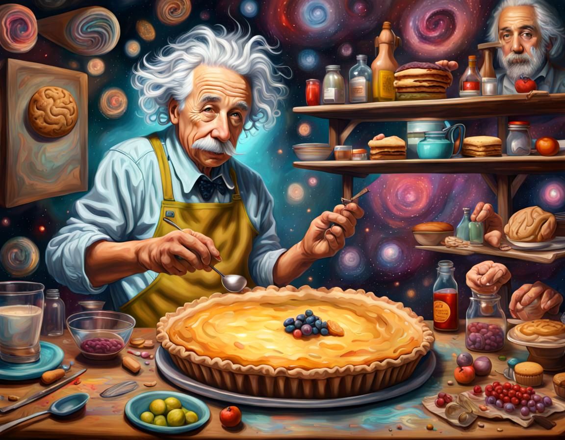 Einstein baking pie; Hyper-Detailed, Hyper-Realistic, hyperpsychedelic ...