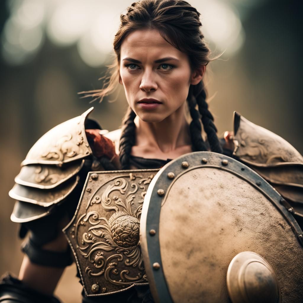 A female warrior in a fight using a shield. Professional photography ...