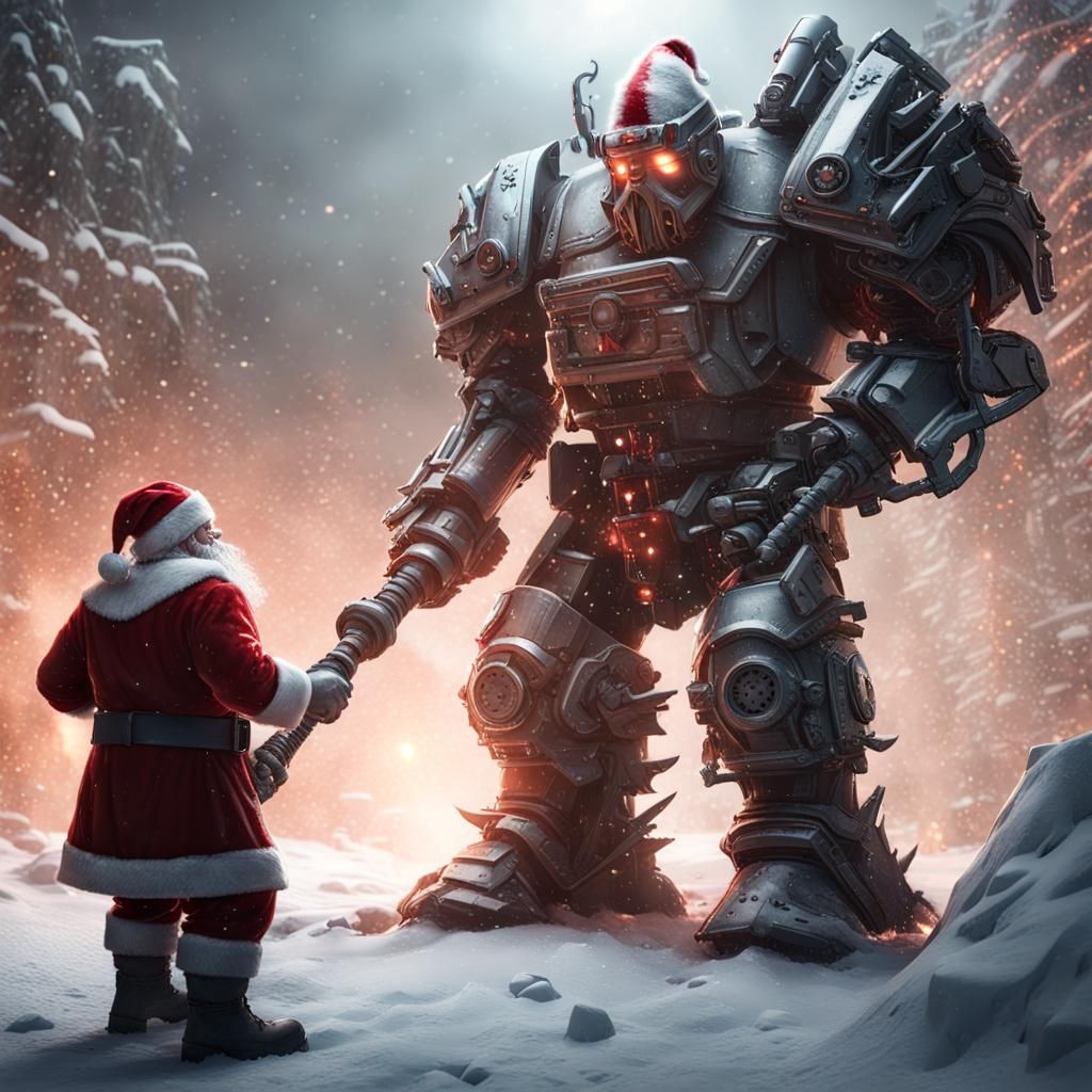 Santa Claus in power armour, facing off against Krampus. Santa Claus is ...