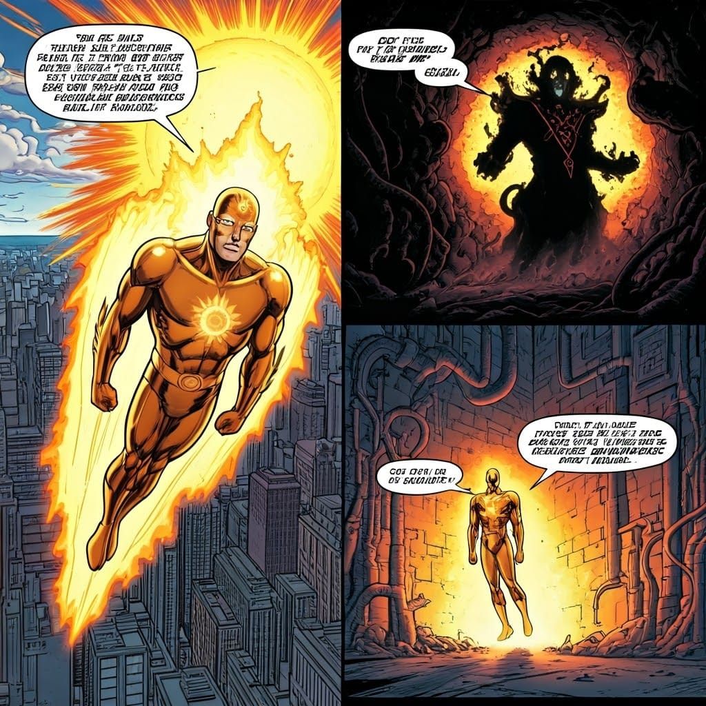 A four-panel comic strip in a vintage superhero style inspired by ...