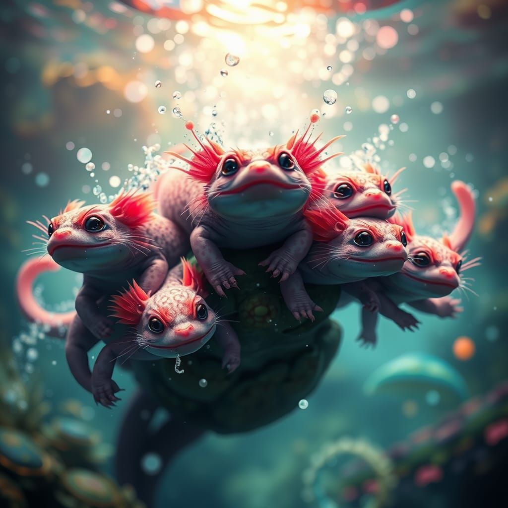 A group of axolotls creating a beautiful Underwaterworld 8k resolution ...