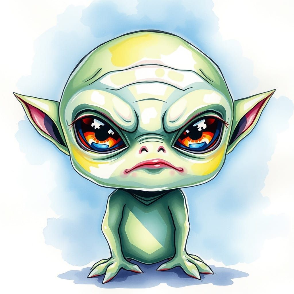 Cranky Alien - Charming Green Alien in Watercolor Impression...