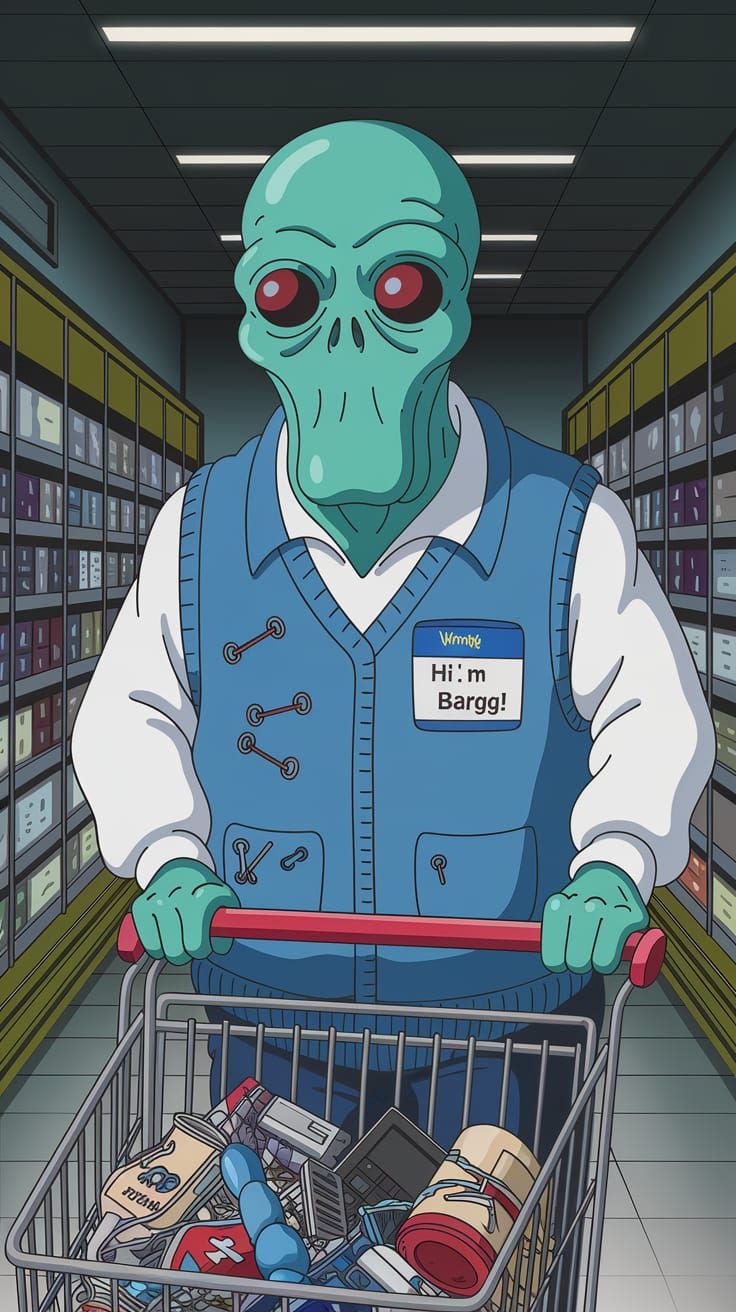 Bizarre Alien Figure in Faded Vest and Shopping Ca... - AI Art