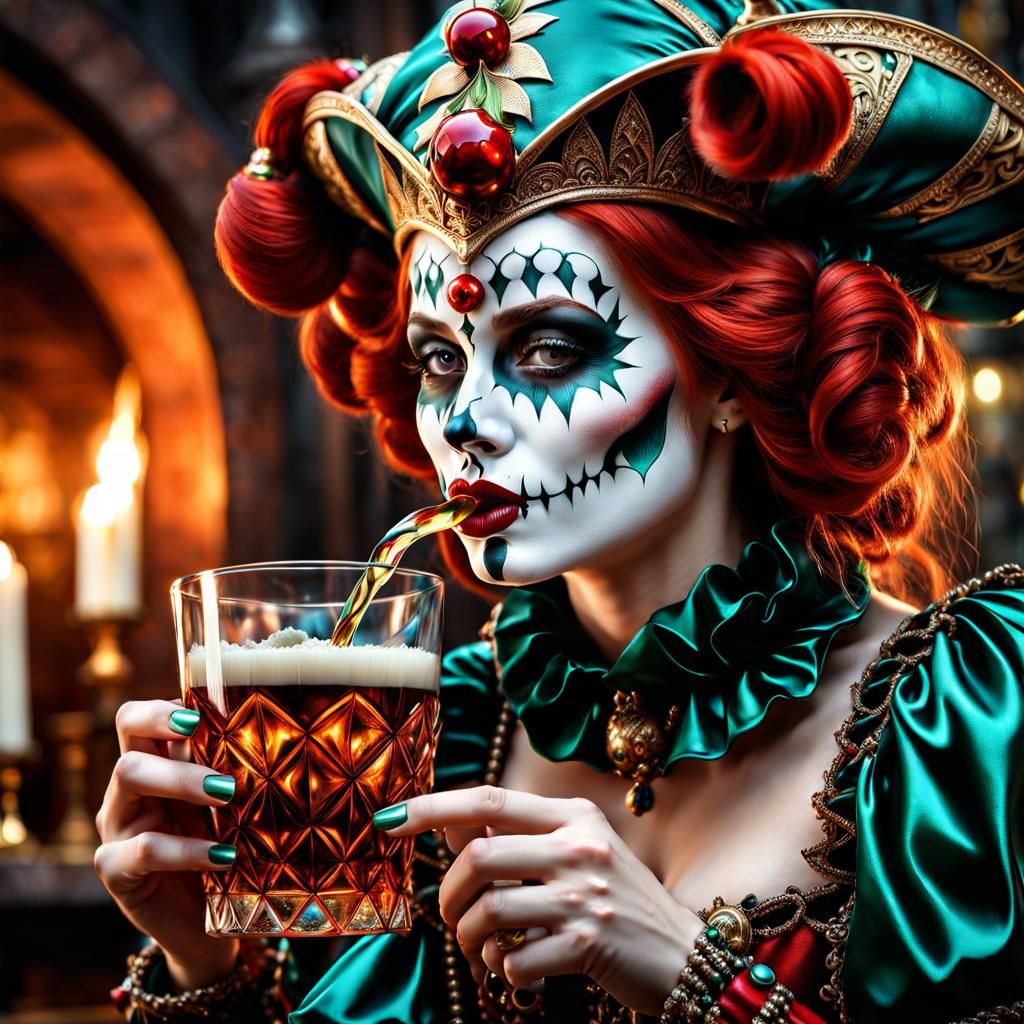 redhead Jester drinking from glass - AI Generated Artwork - NightCafe ...
