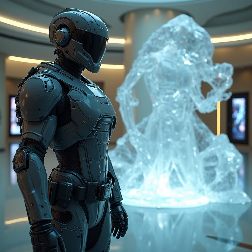 tactical bodybuilder cyborg security guard standing watch over melting ...