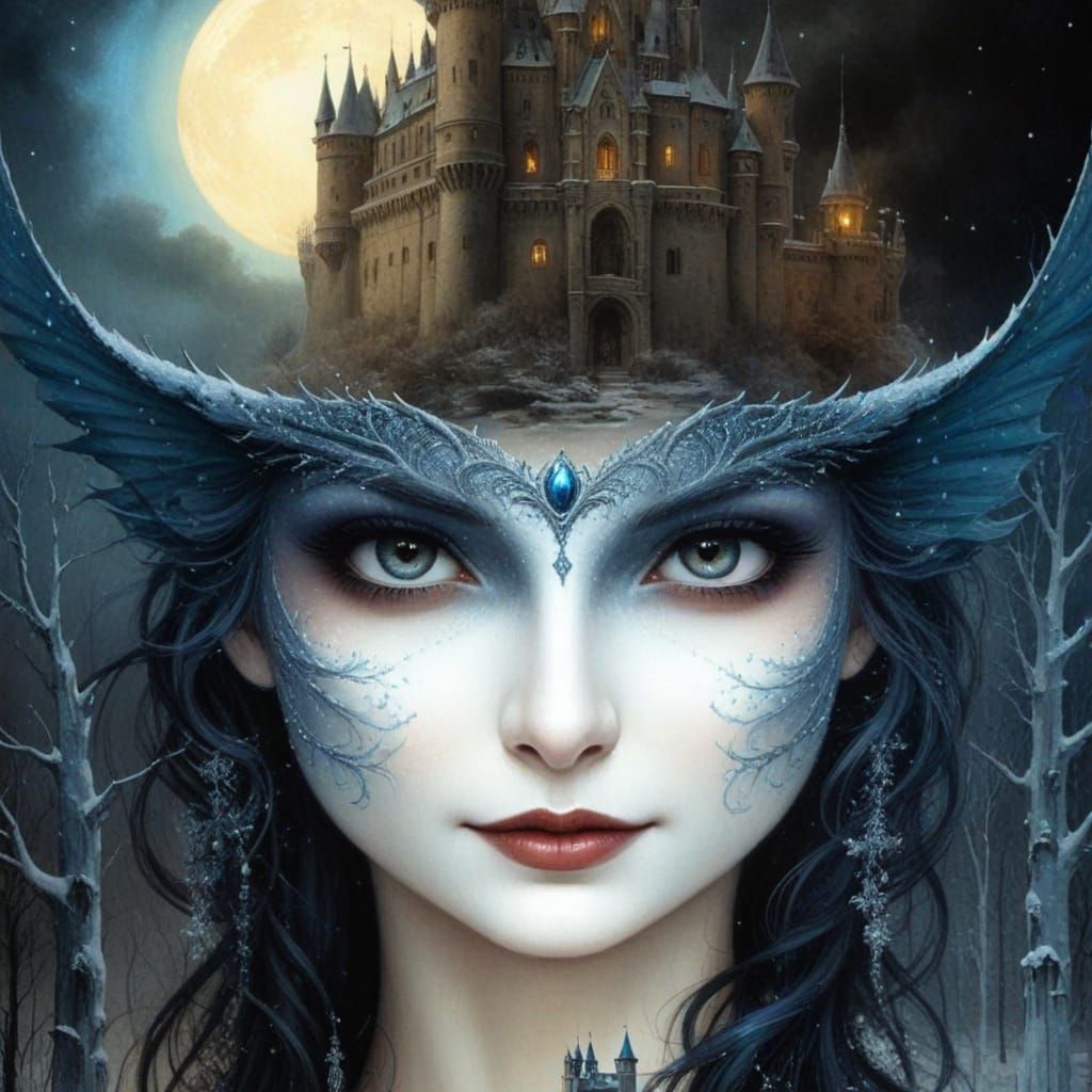 Banshee Smiles in Hyperdetailed Winter Castle - AI Art