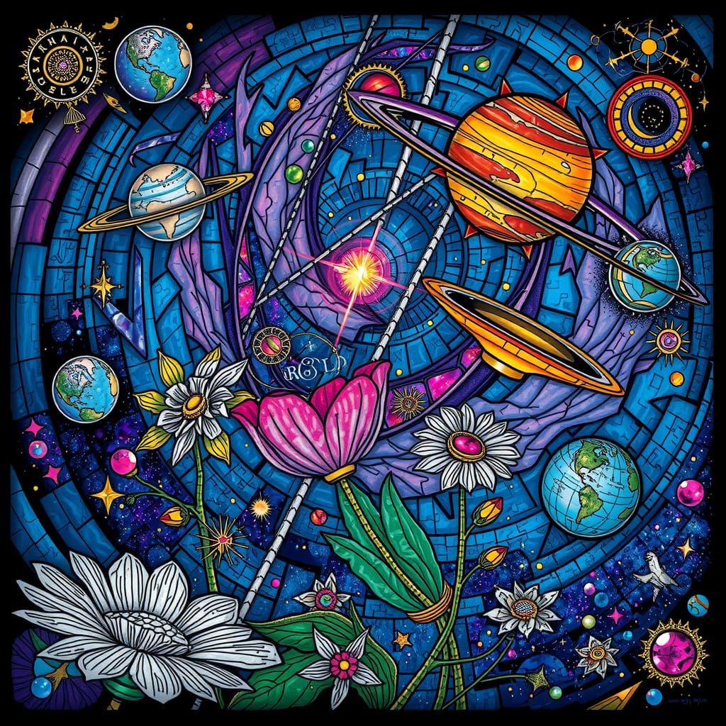 Imagine a stained-glass window depicting a celestial garden where ...