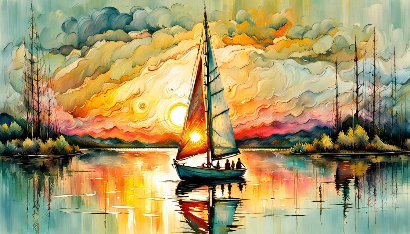 Impressionistic Summer Sunset Sailboat Scene in Ho... - AI Art