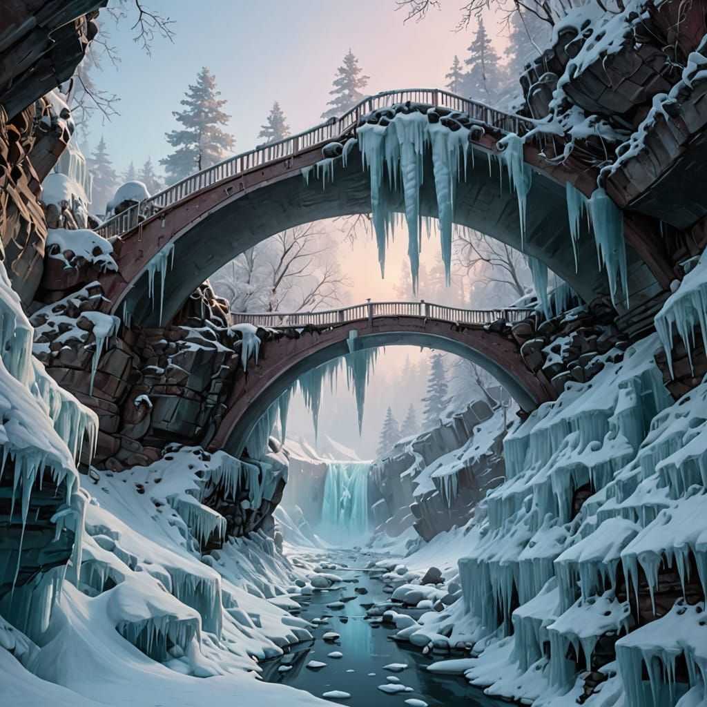 An ice bridge suspended above a frozen waterfall. Translucent ice ...