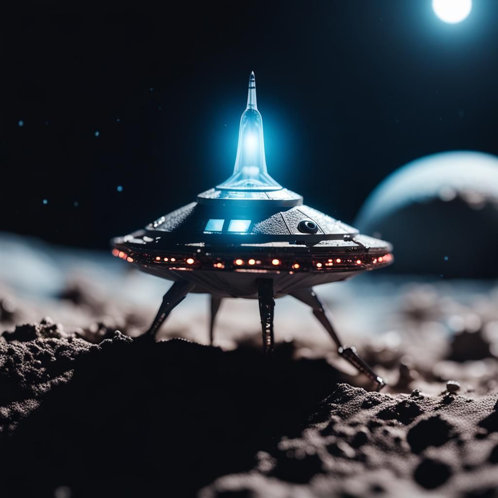 Photograph, Macro, miniature glowing alien spaceship with alien in it ...