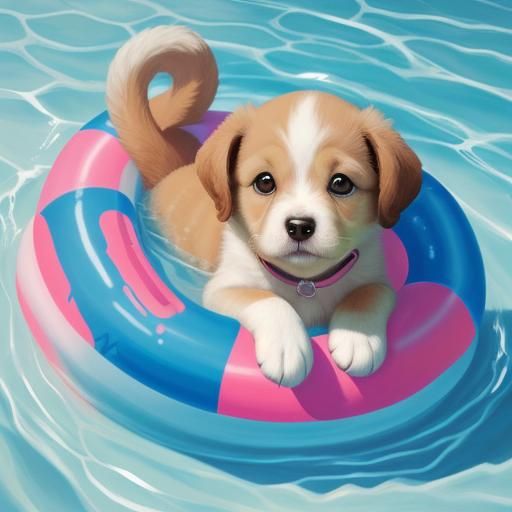 cute puppy in a pool float - AI Generated Artwork - NightCafe Creator