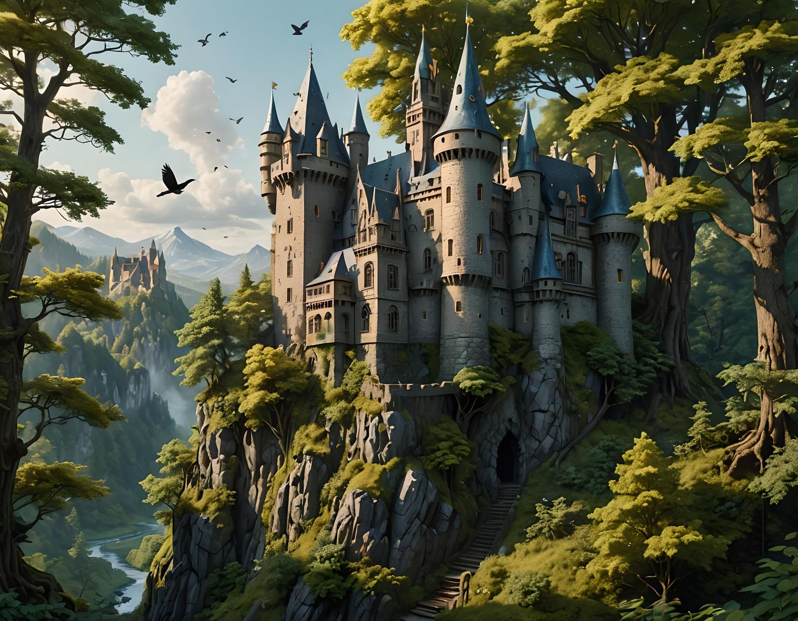 An old castle in the forest with a tree to one side with a few bird in ...