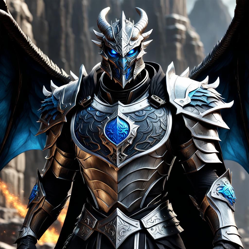 D&D dragonborn male handsome dragon faced charcoal black skin silver ...