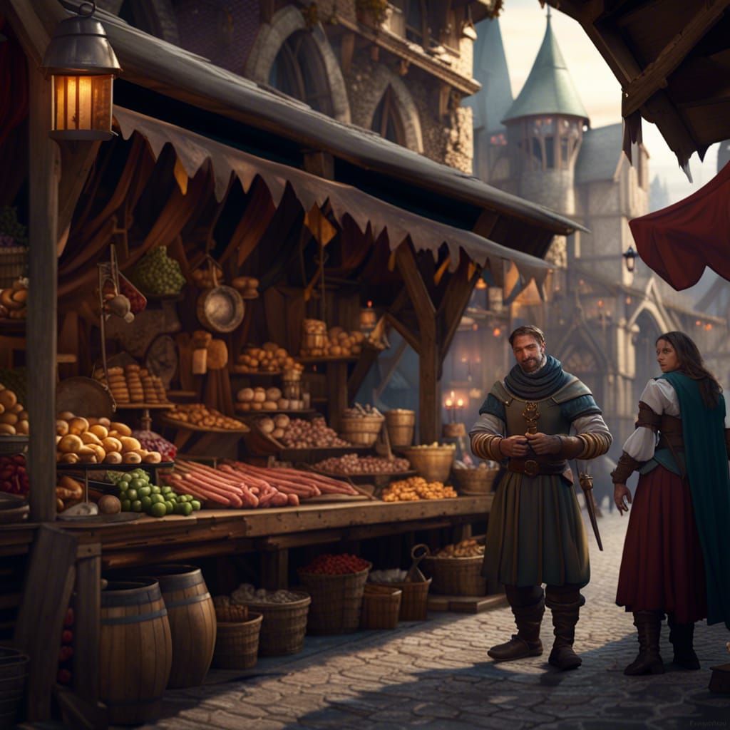 Medieval market with food stalls, bosomy wench, handsome guard - AI ...