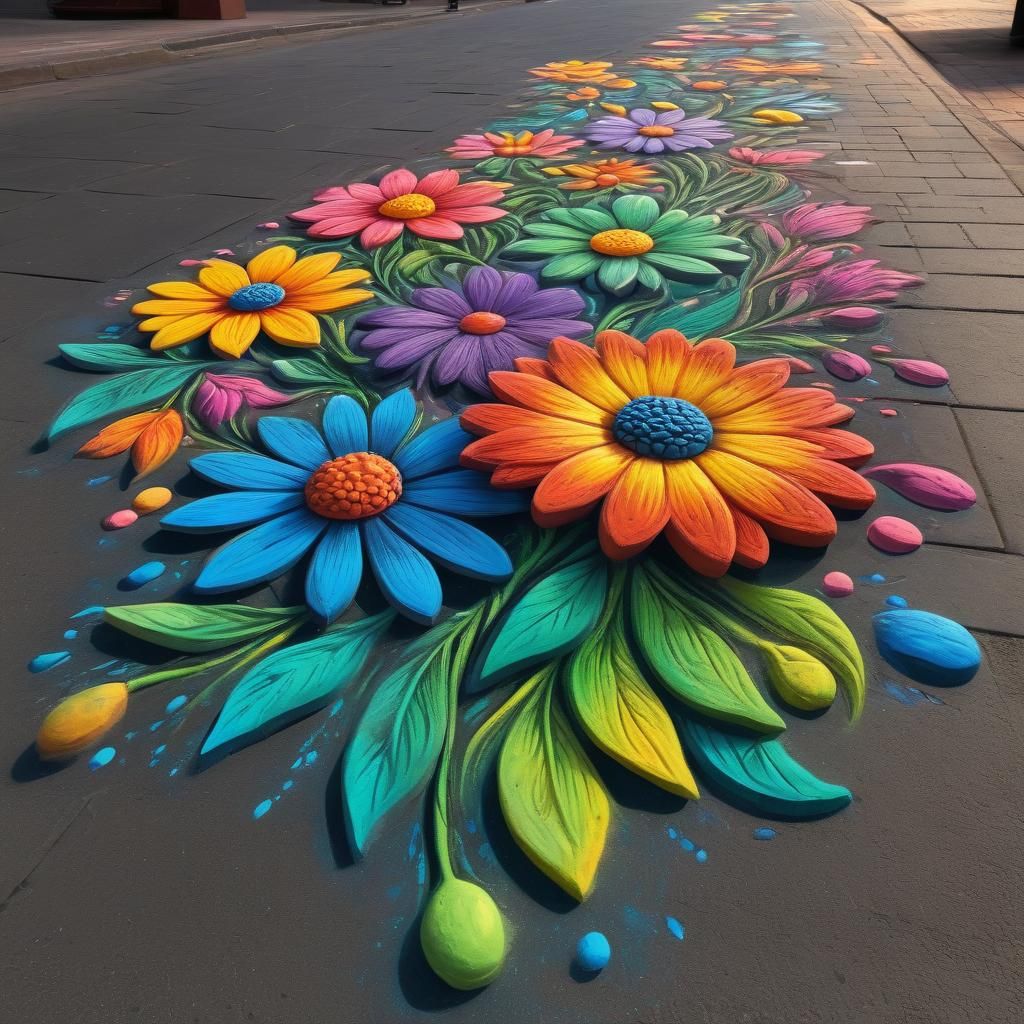 Beautiful sidewalk chalk art illusion, 3d flowers - AI Generated ...