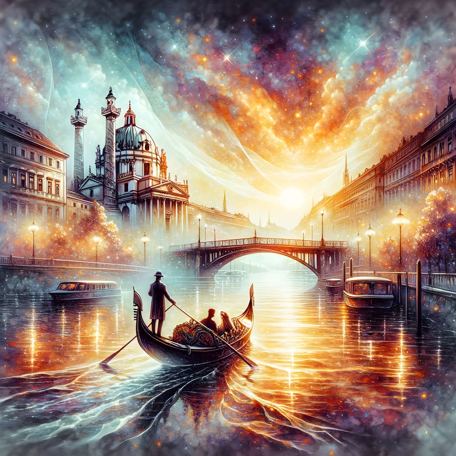 Romantic Vienna Gondola Scene Under Sunset in Wate... - AI Art