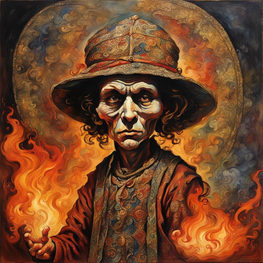 Aventurian Jinn art nouveau frightening fiery batik realism oils ...