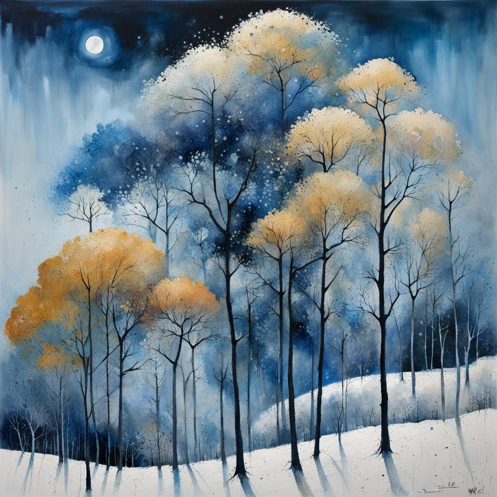 Happy blue forest moonscape in art brut style by Stewart Edmondson ...