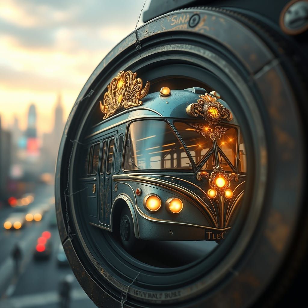 bus coming out of camera lense - Mystical Bus Erupts from Vi...
