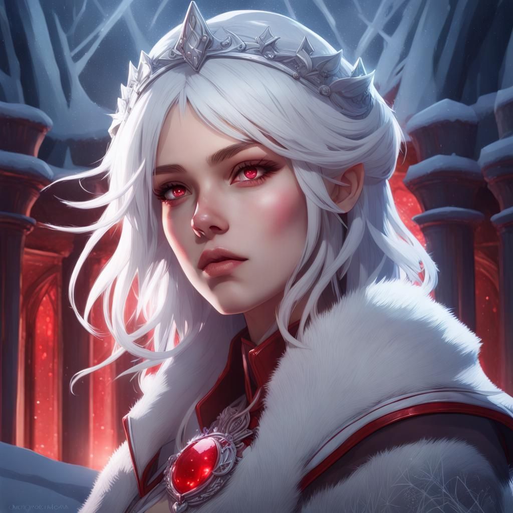 An anime girl with white hair and ruby red eyes in an ice castle in ...