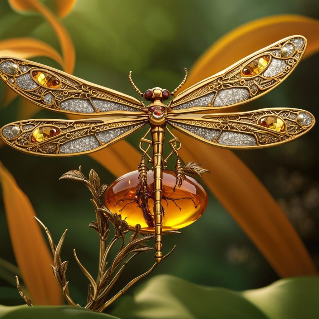 Ultrarealistic Photorealistic fantasy sci-fi dragonfly insect amulet with inlaid amber and topaz ...