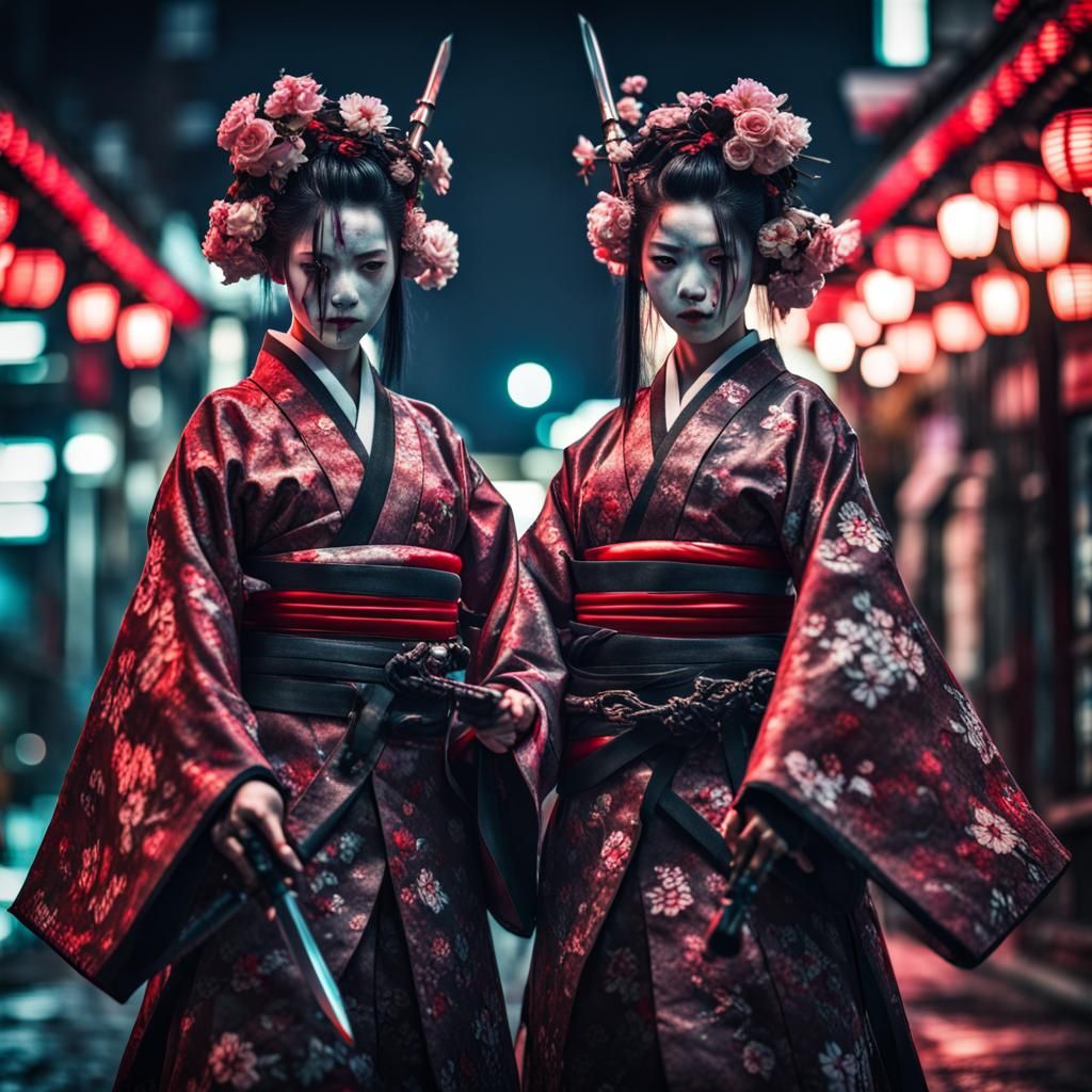 twin robot geisha samurai android girls wearing flowers covered in ...