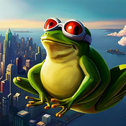 lofi art of a green frog skydiving and listening to music, by the ...