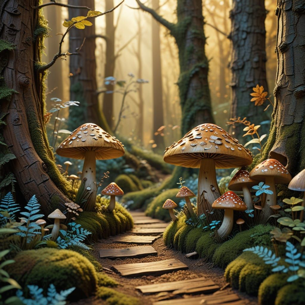 Fantastical Woodland Carvings in Warm, Golden Ligh... - AI Art