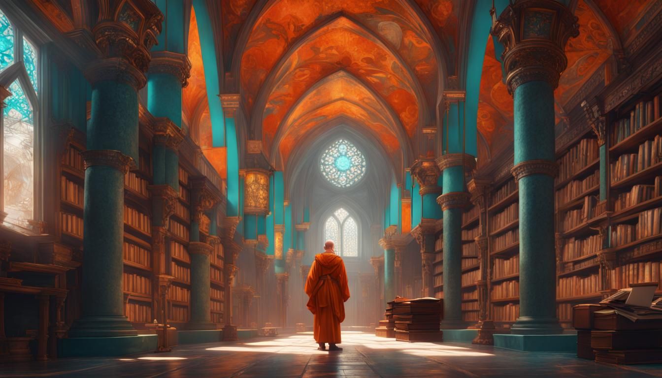 Mysterious monastery library In the foreground stands a monk ...