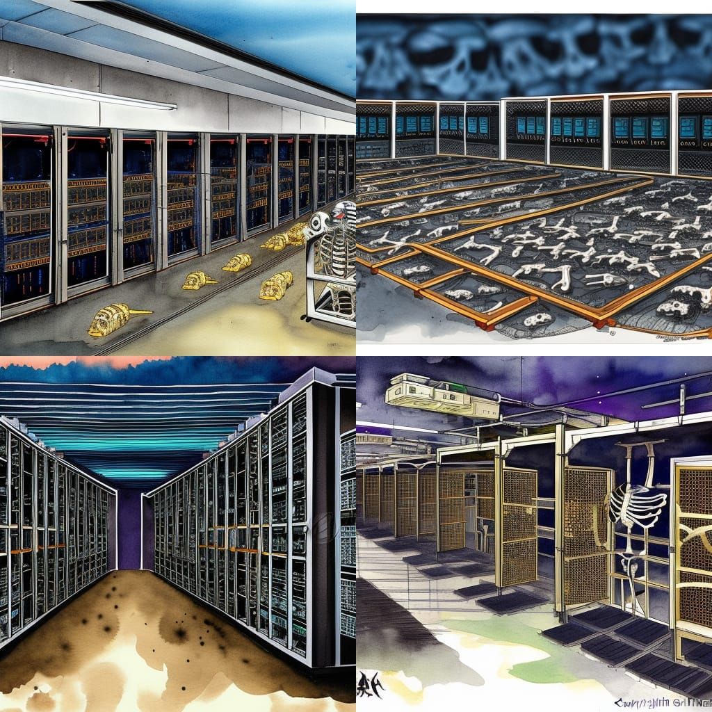 dirty data center with human skeletons on the floor, pen and ink and ...