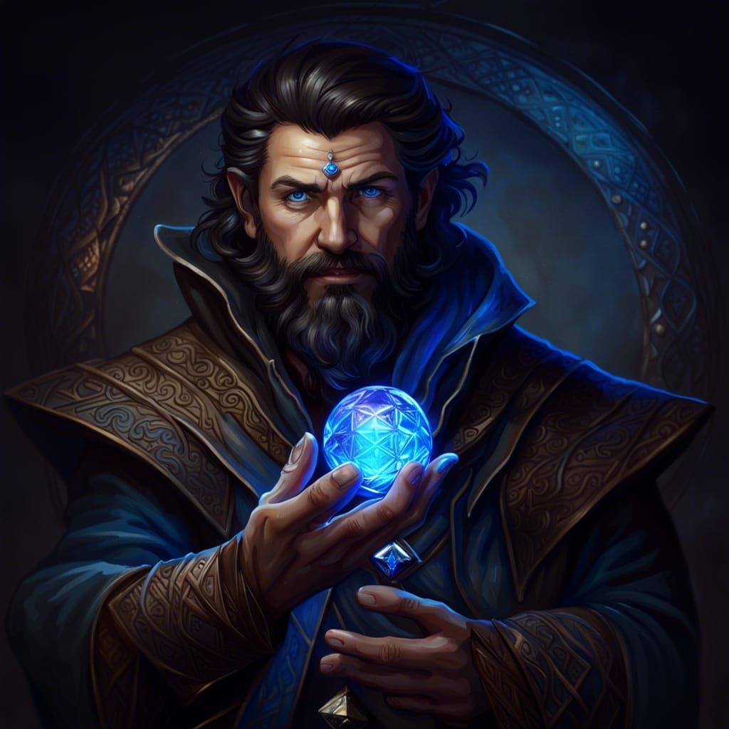 Master mage. Forty years old. Dark Brown hair and beard. Blue eyes ...