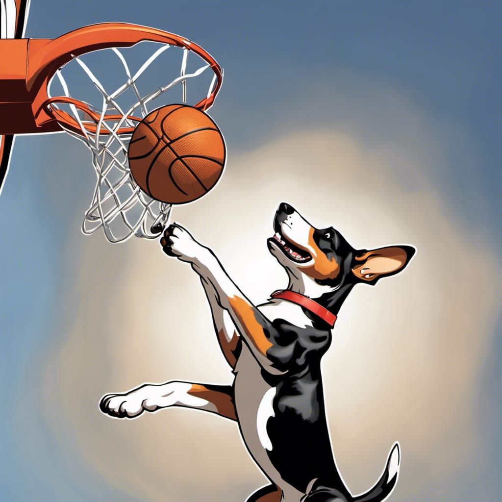 A scene of a dog, forcefully dunking the ball over the rim. The dog is ...