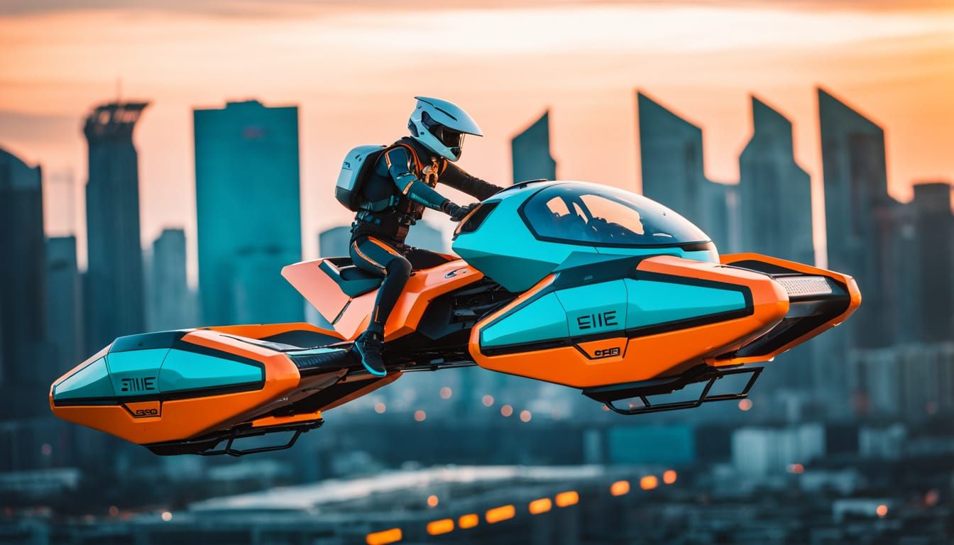 Futuristic Hoverbike in Mid-Air Over Orange City S... - AI Art