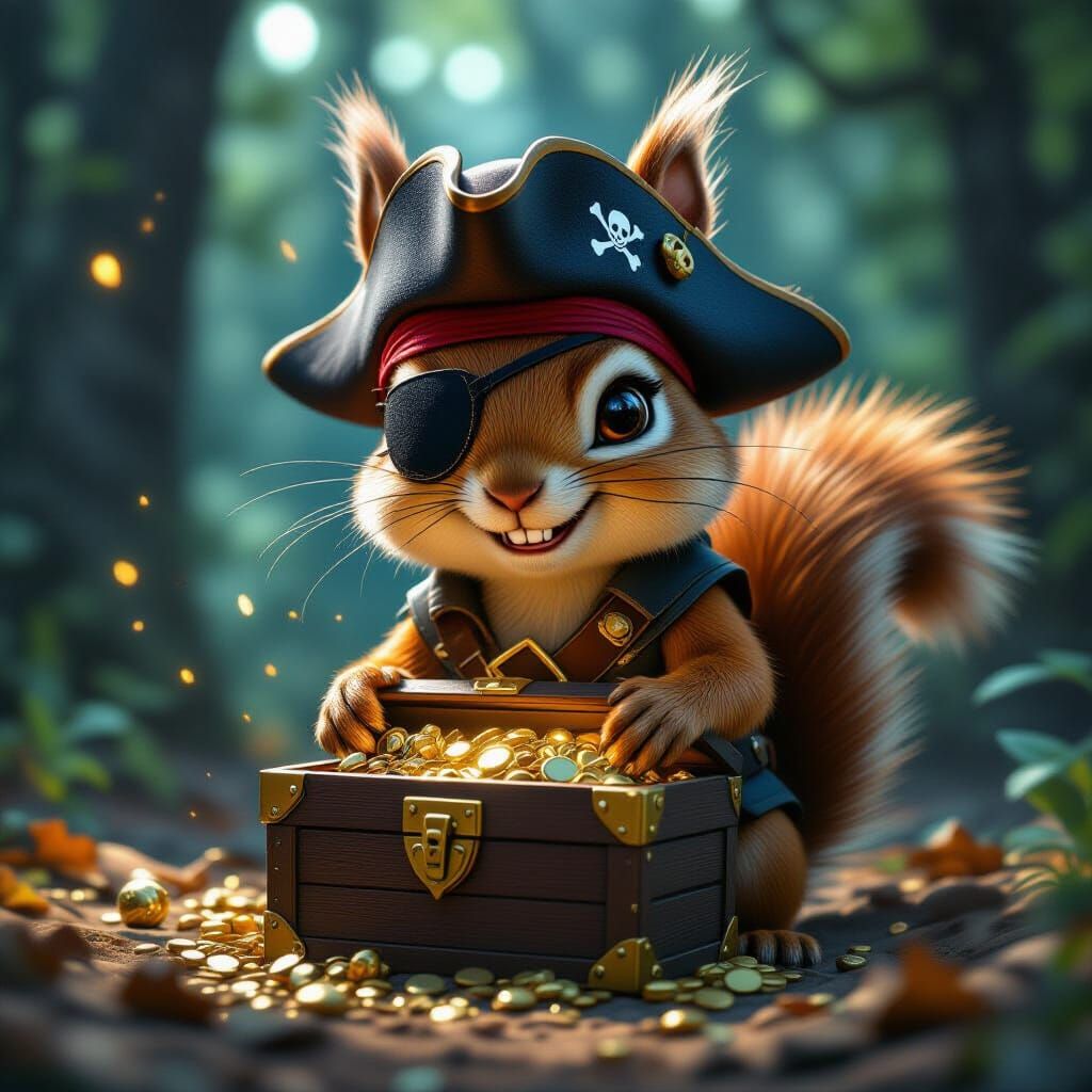 Pirate Squirrel Guarding Treasure in Cinematic Fan... - AI Art