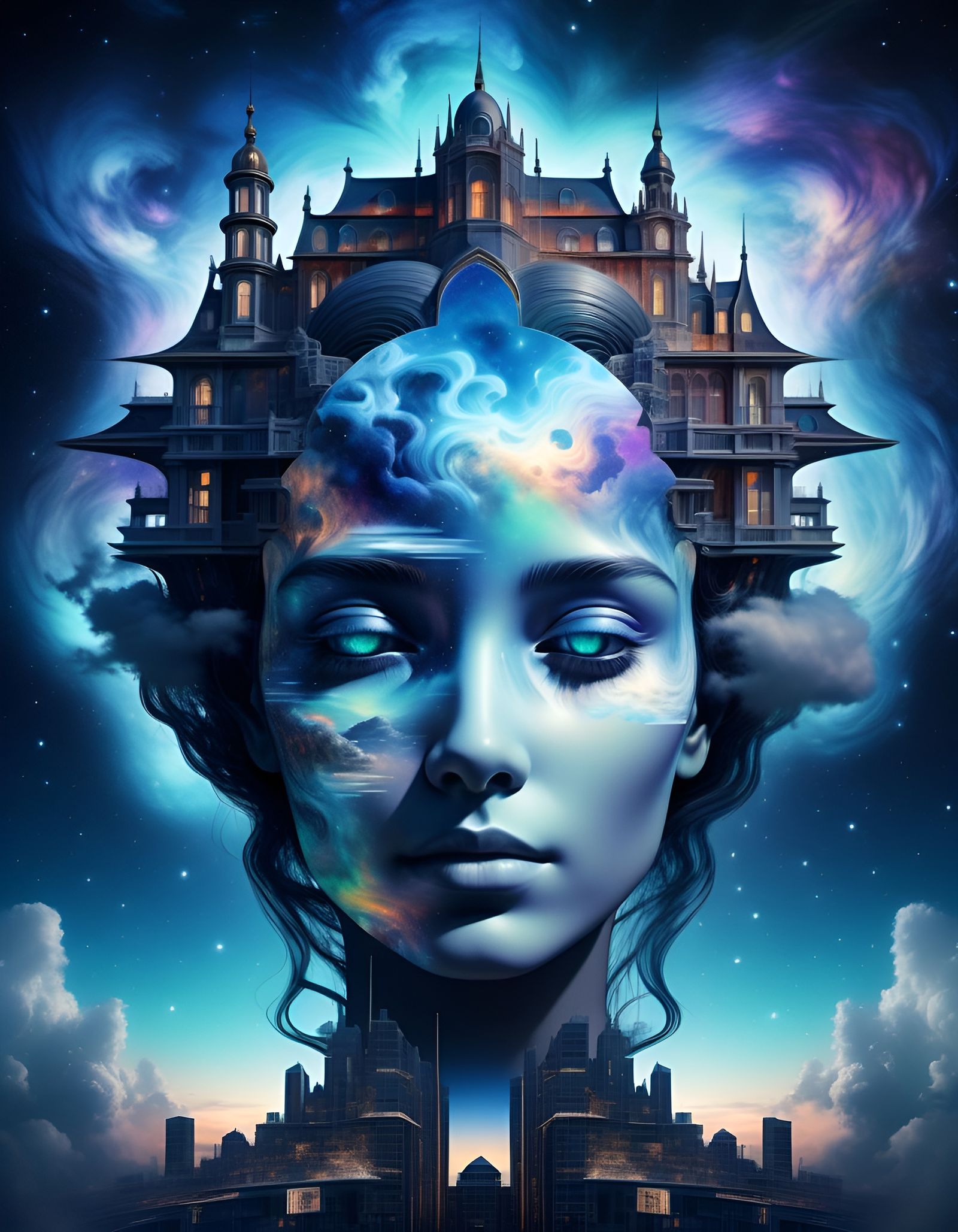 Galaxy night sky of Hyperdetailed woman's head silhouette with ...