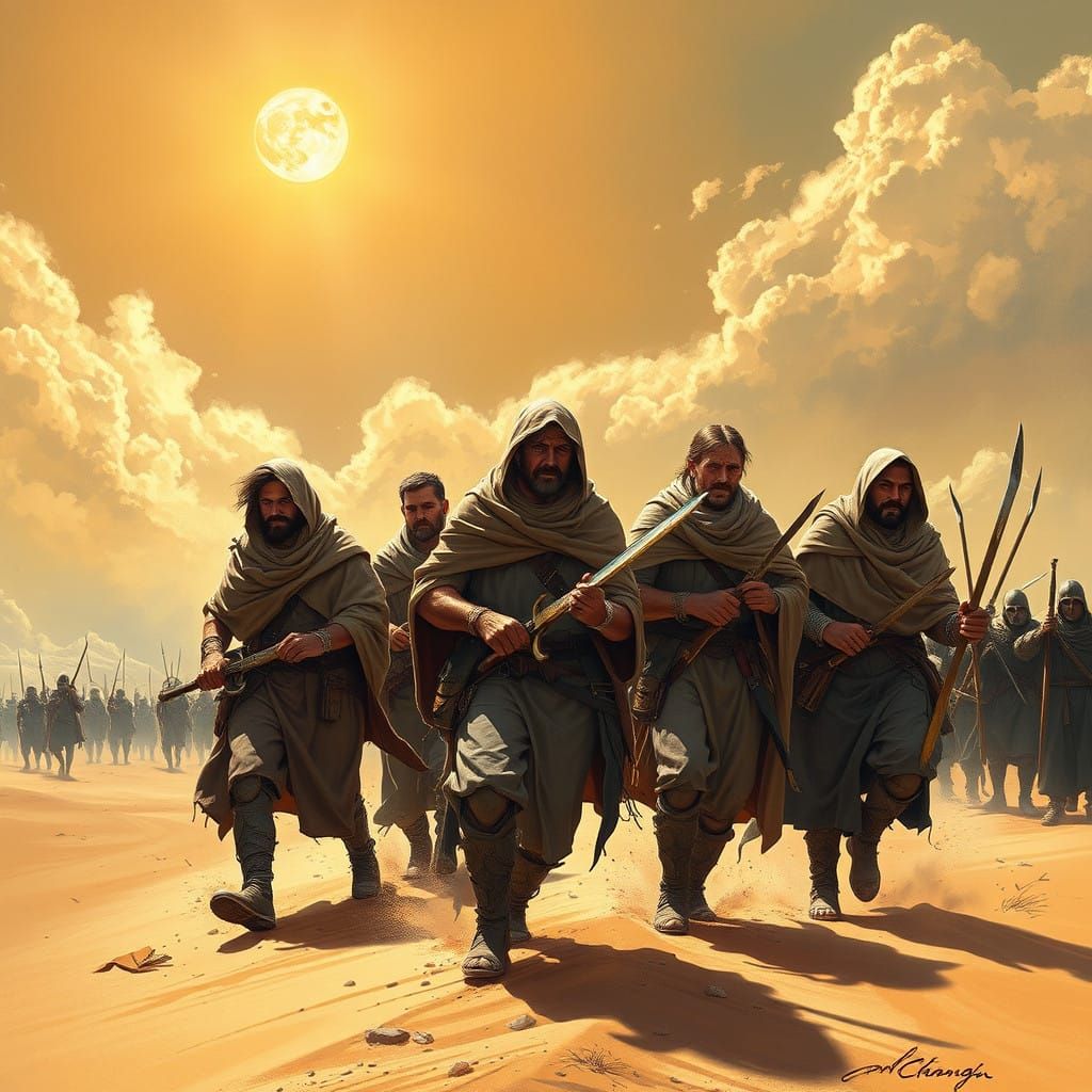 Warriors March Across Scorching Desert Sand, Sword... - AI Art