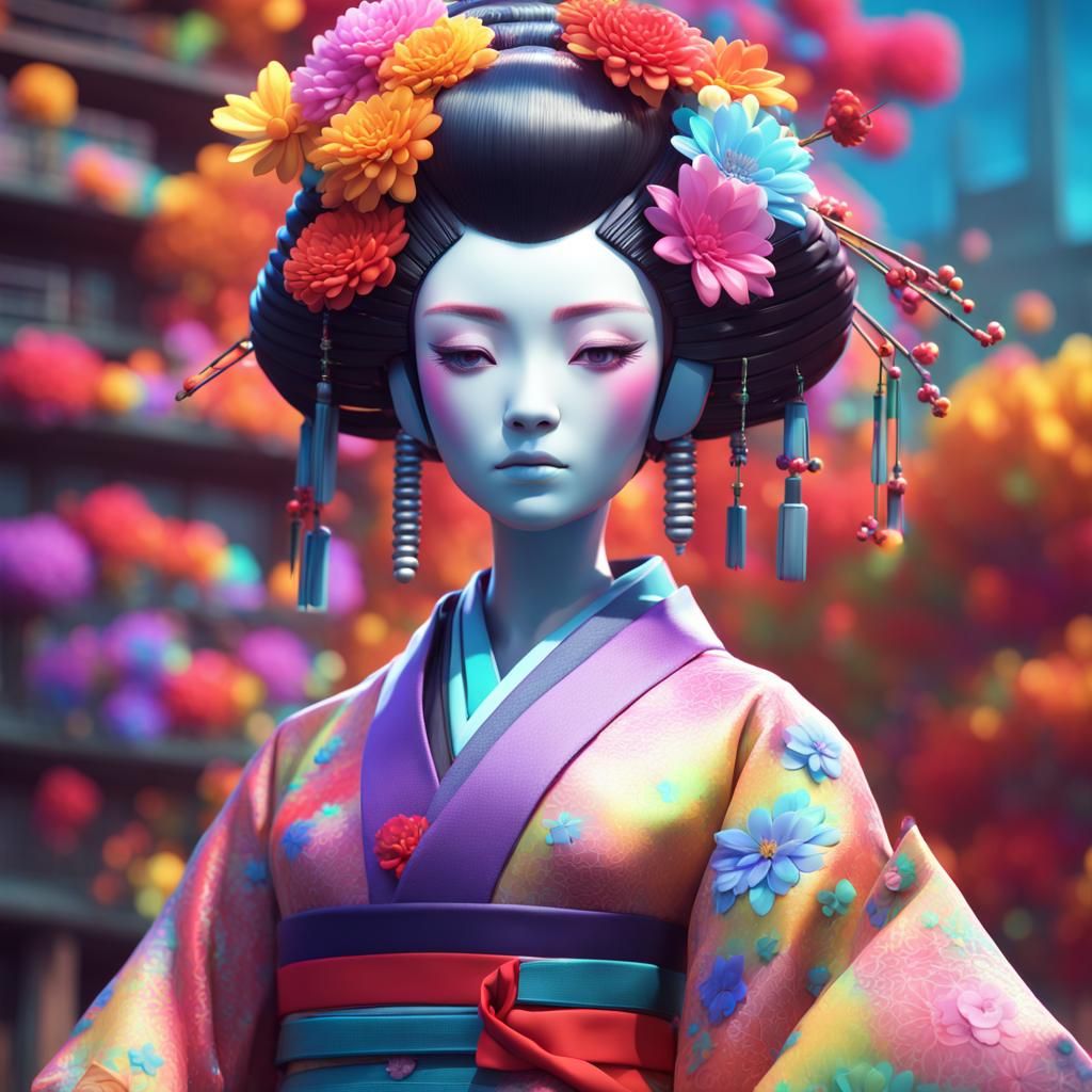 Miyazaki art style beautiful robot geisha android wearing rainbow with ...